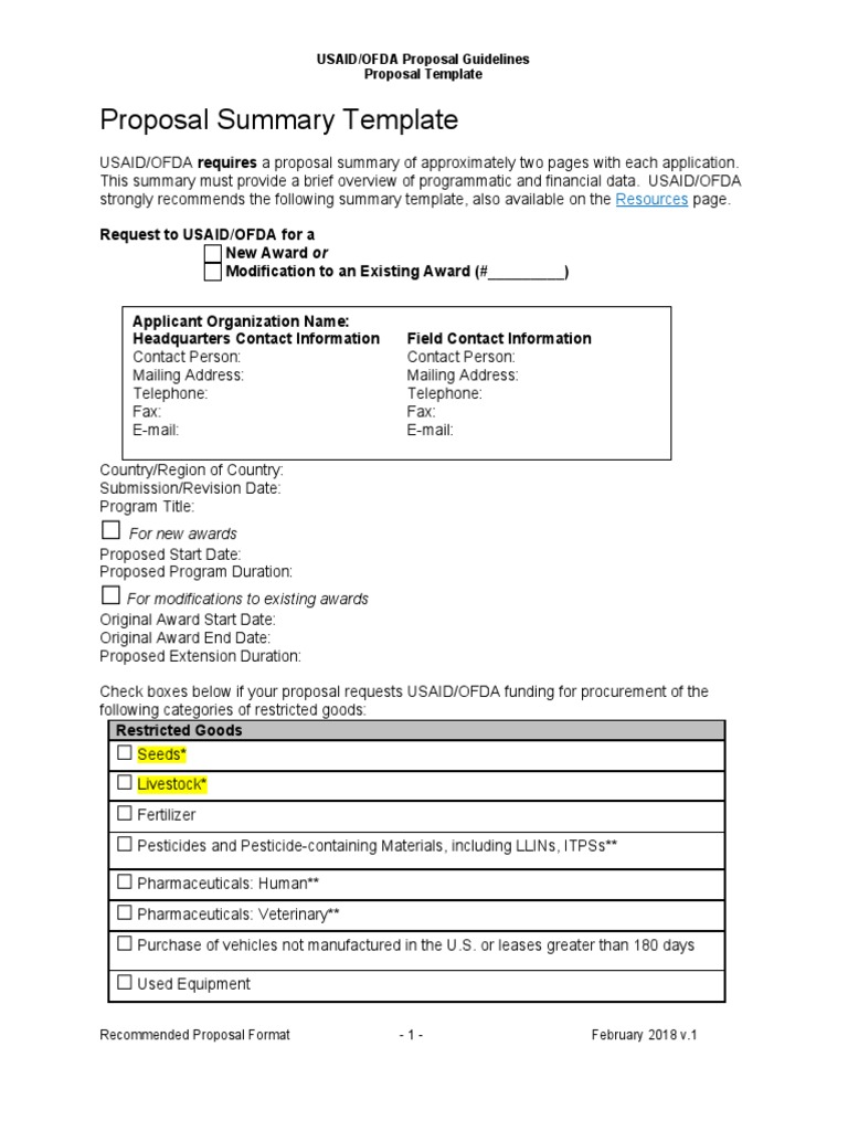 USAID-OFDA Proposal Summary Template 2018 v.2 | PDF | United States ...