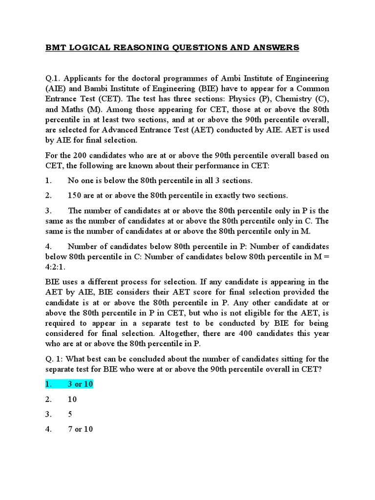 BMT Logical Reasoning Questions and Answers | PDF