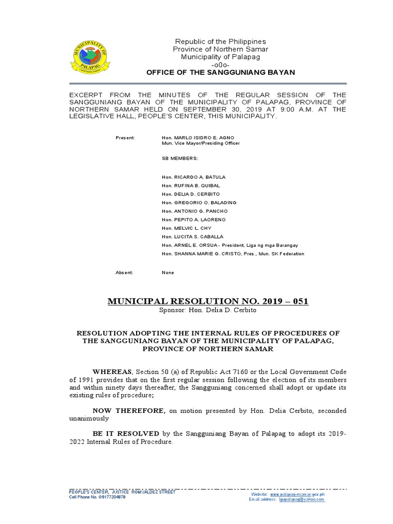 Municipal Resolution No. 2019 - 051 Internal Rules of Procedure | PDF ...