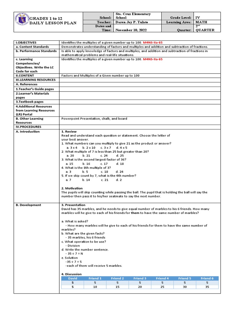 Grade 4 Lesson Plan: Factors & Multiples | PDF | Numbers | Learning