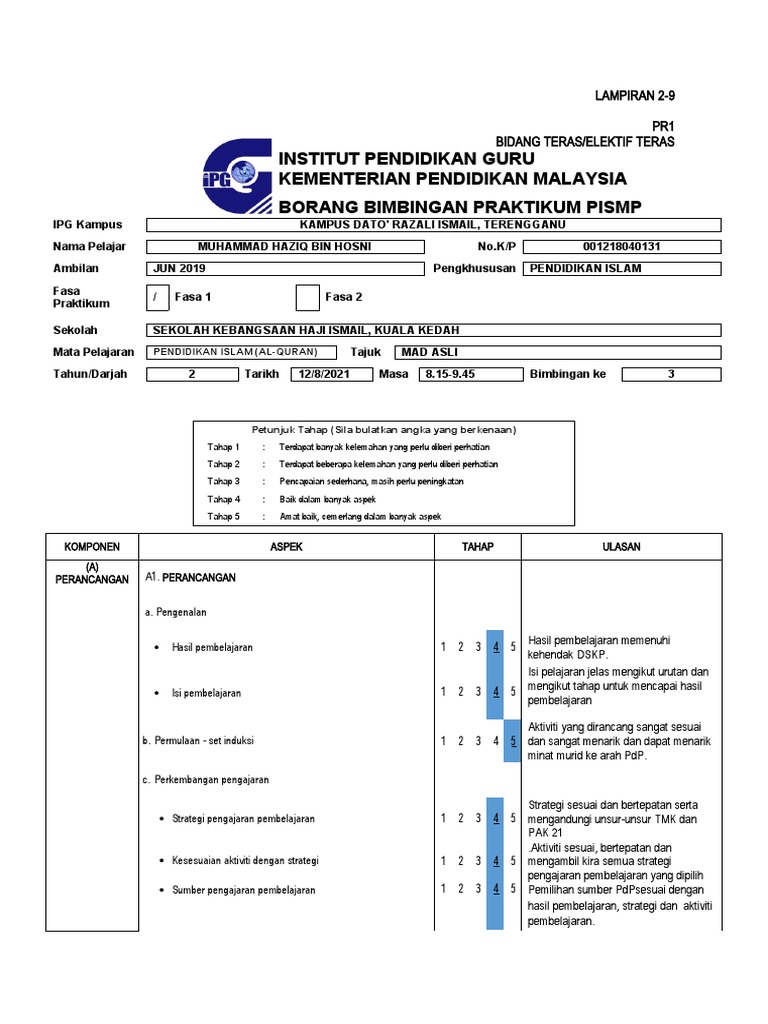 Borang Rubrik Haziq 3 | PDF