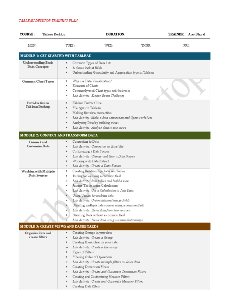Tableau Training Plan | PDF | Data | Computing