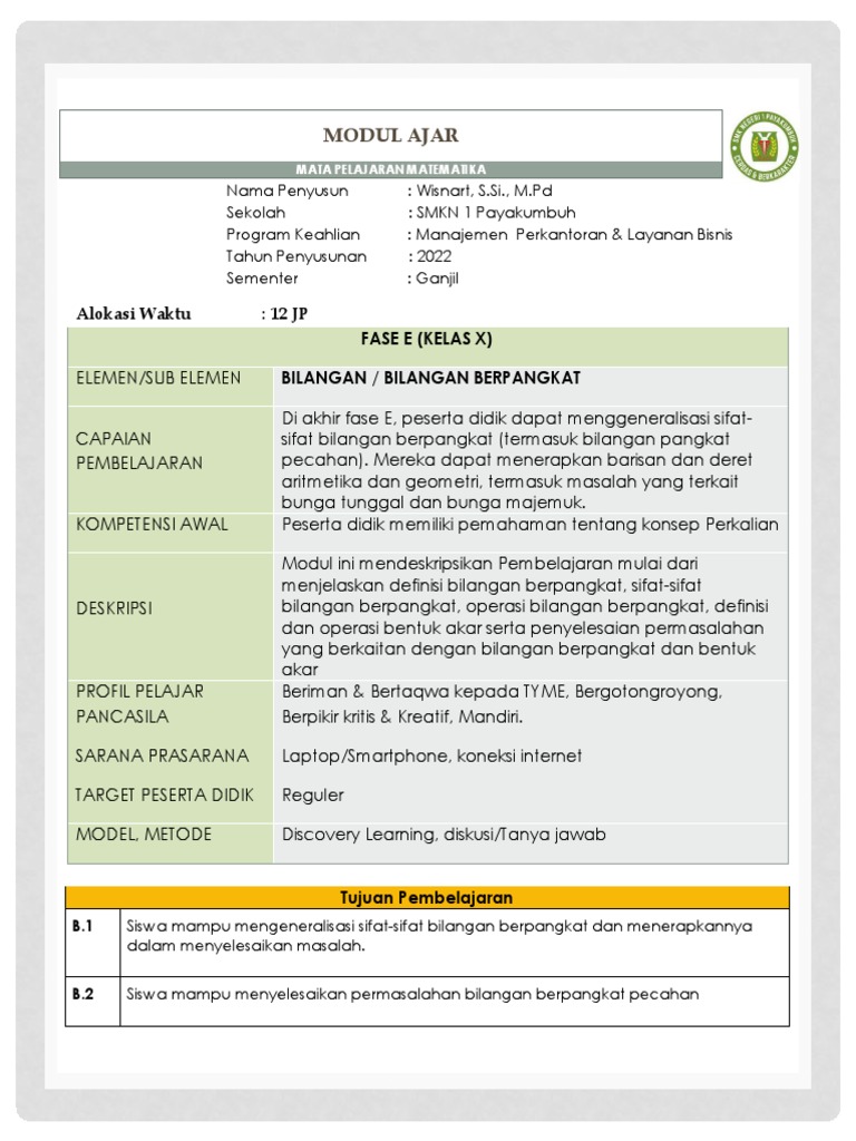 MODUL AJAR - Bilangan Berpangkat 2022 | PDF