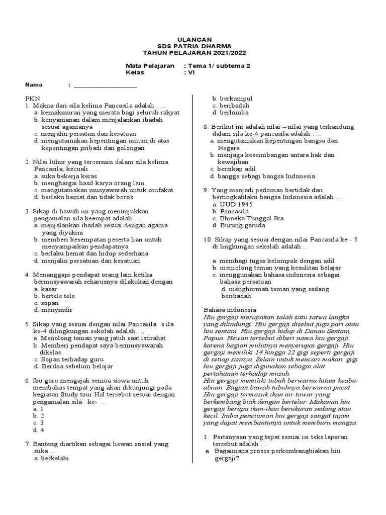 Ulangan Tema 1 Subtema 2 | PDF | Seni & Disiplin Bahasa