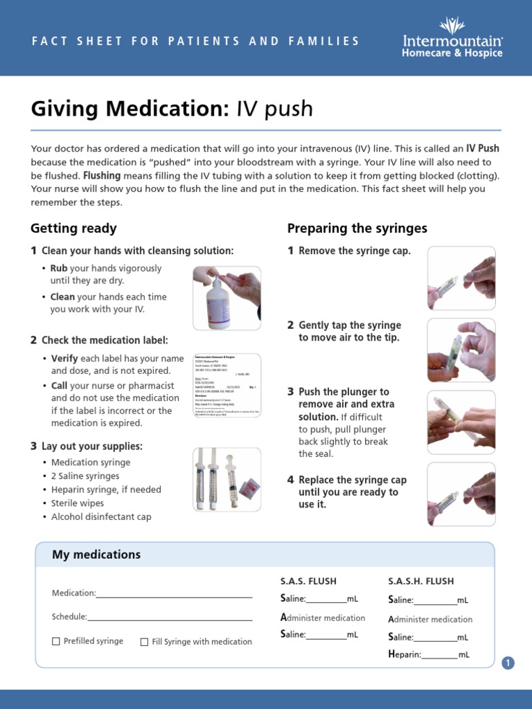 Giving Medication IV Push Fact Sheet Homecare Series | PDF | Syringe ...
