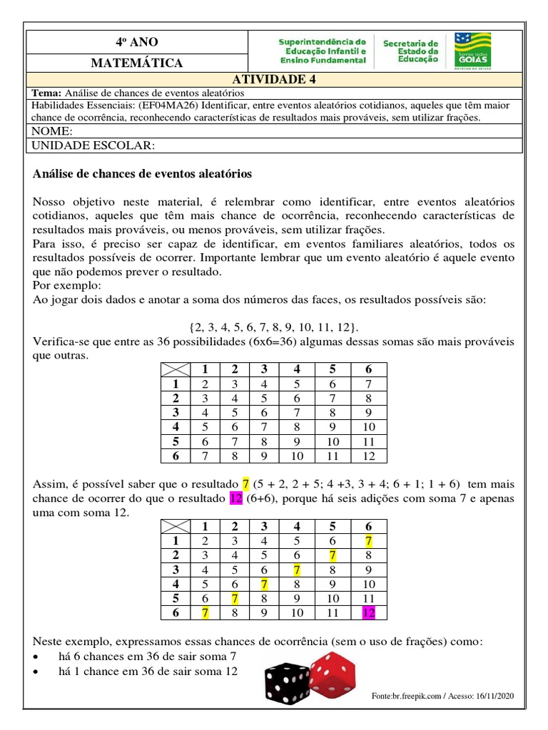 Atividade 4 Tema Analise de Chances de Eventos Aleatorios 4o Ano 1 ...