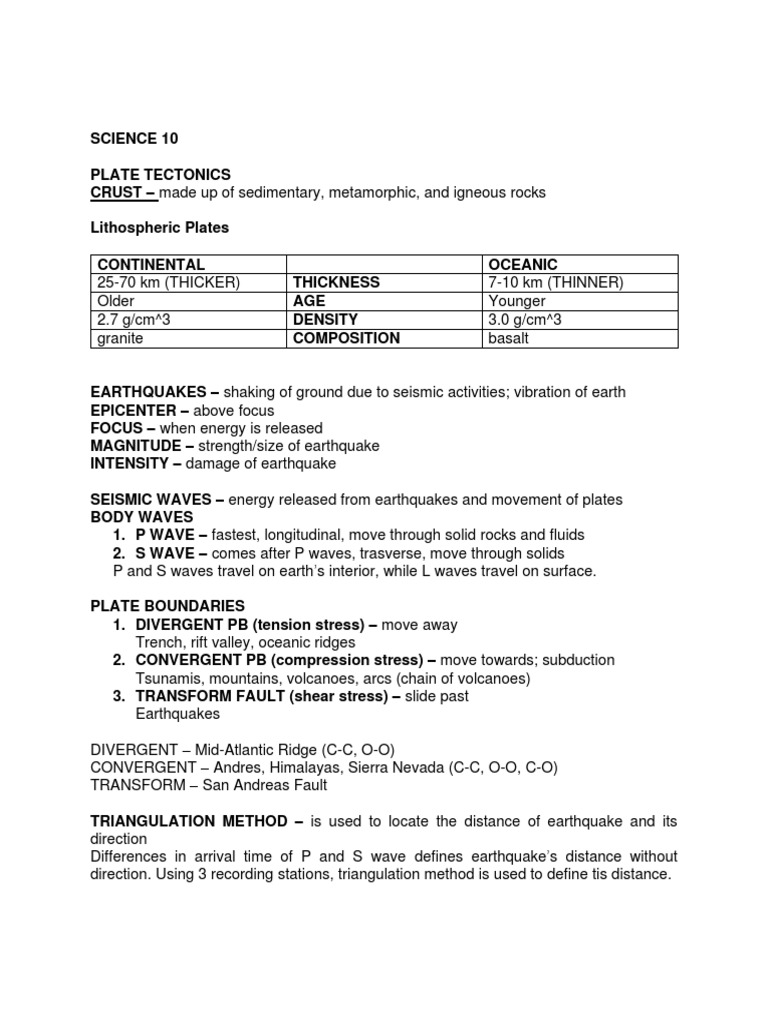 SCIENCE 10 Quarter 1 Reviewer | PDF | Plate Tectonics | Earthquakes