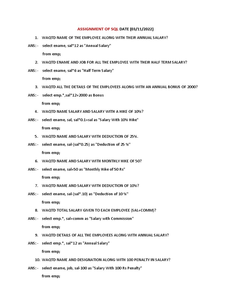 Assignment of SQL | Download Free PDF | Salary | Human Resource Management