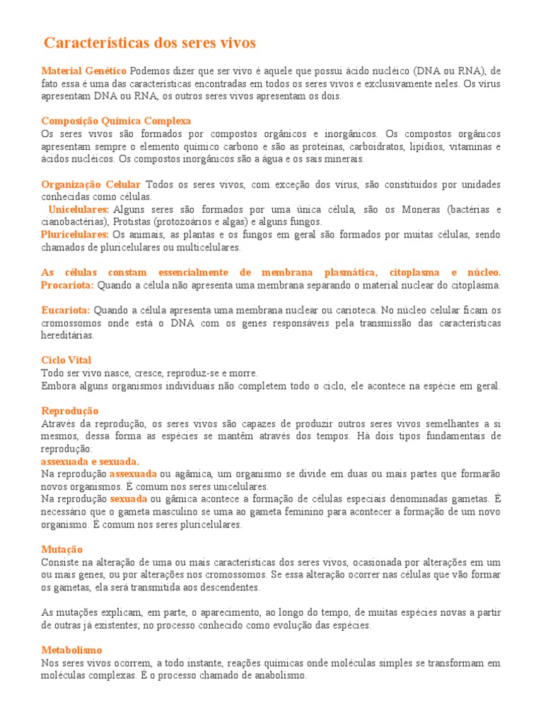 Características Dos Seres Vivos | PDF | Célula (Biologia) | Reprodução