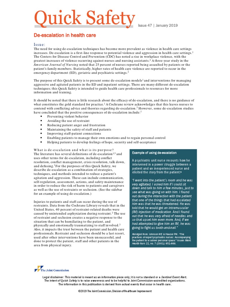 De-Escalation in Health Care. Quick Safety. The Joint Commission, Division of Healthcare ...
