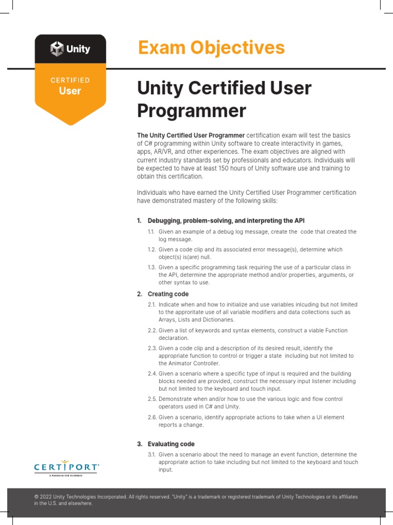 Unity Exam Objectives - Programmer 0422 PRINT | PDF | Programming | Computer Program