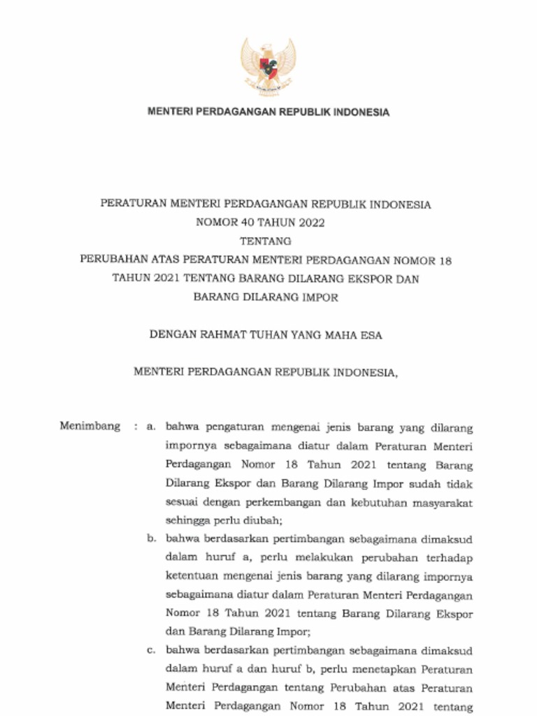 Permendag Nomor 40 Tahun 2022 | PDF