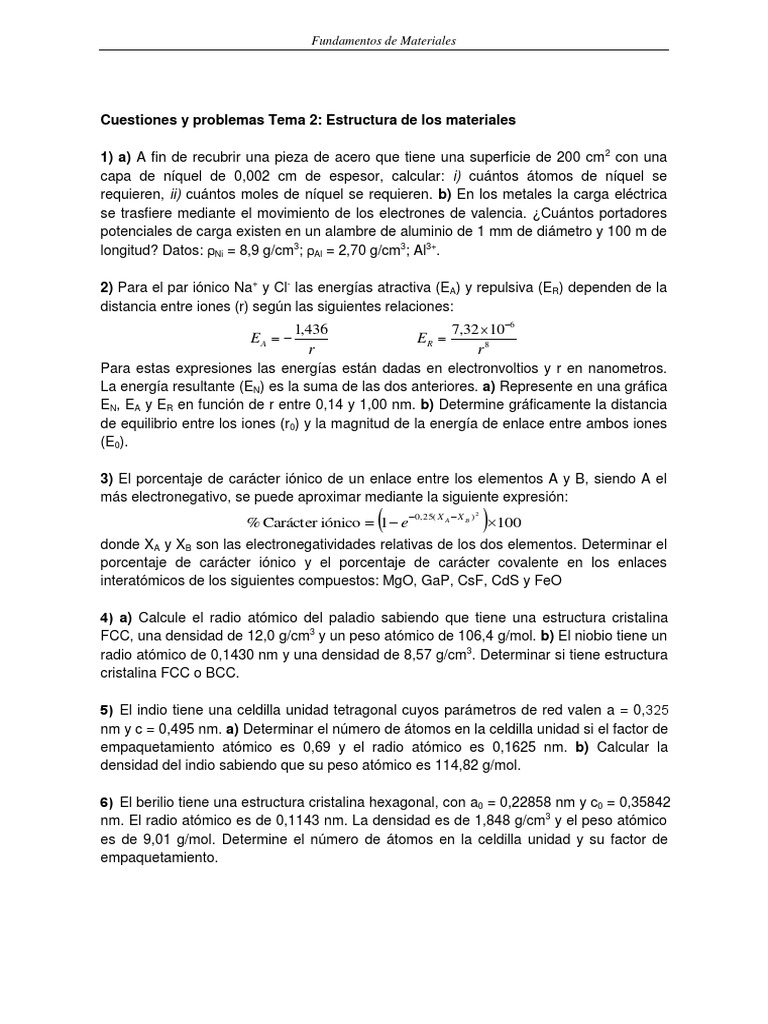 Prob Tema 2 | PDF | Cristalografía de rayos X | Enlace químico