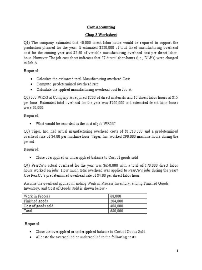 Cost Accounting Worksheet Chap 3 | PDF | Cost Of Goods Sold | Cost