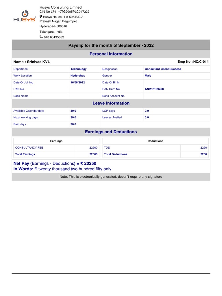 September 2022 Payslip for Consultant Srinivas KVL at Husys Consulting ...