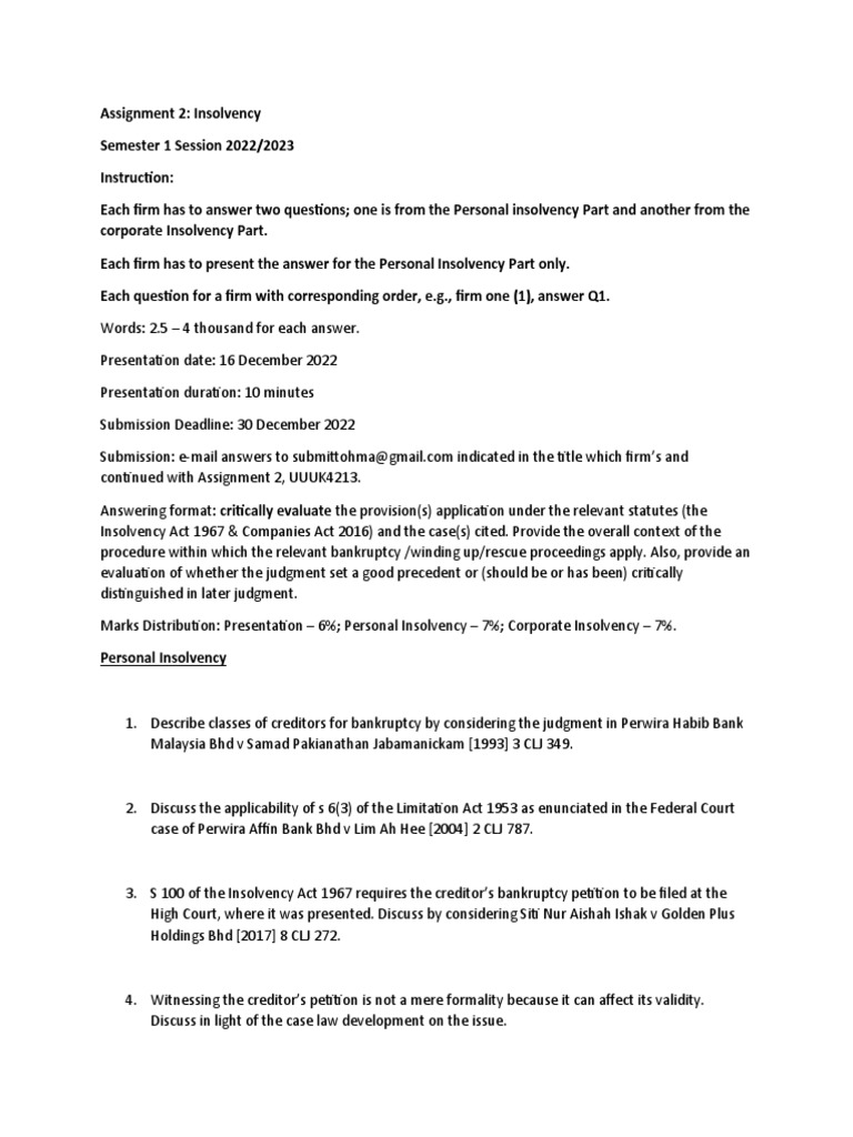 Insolvency Assignment | PDF | Bankruptcy | Liquidation