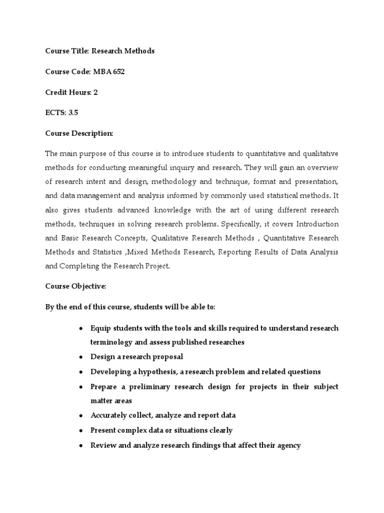 Research Methods Course Outline | PDF | Sampling (Statistics) | Statistics