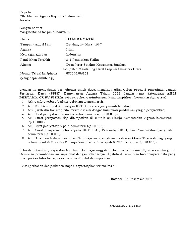 Contoh Surat Lamaran CPPPK | PDF