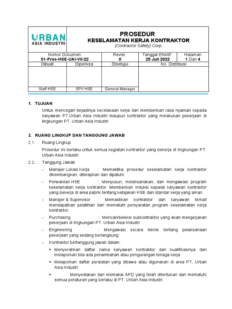 Prosedur Keselamatan Kerja Kontraktor | PDF