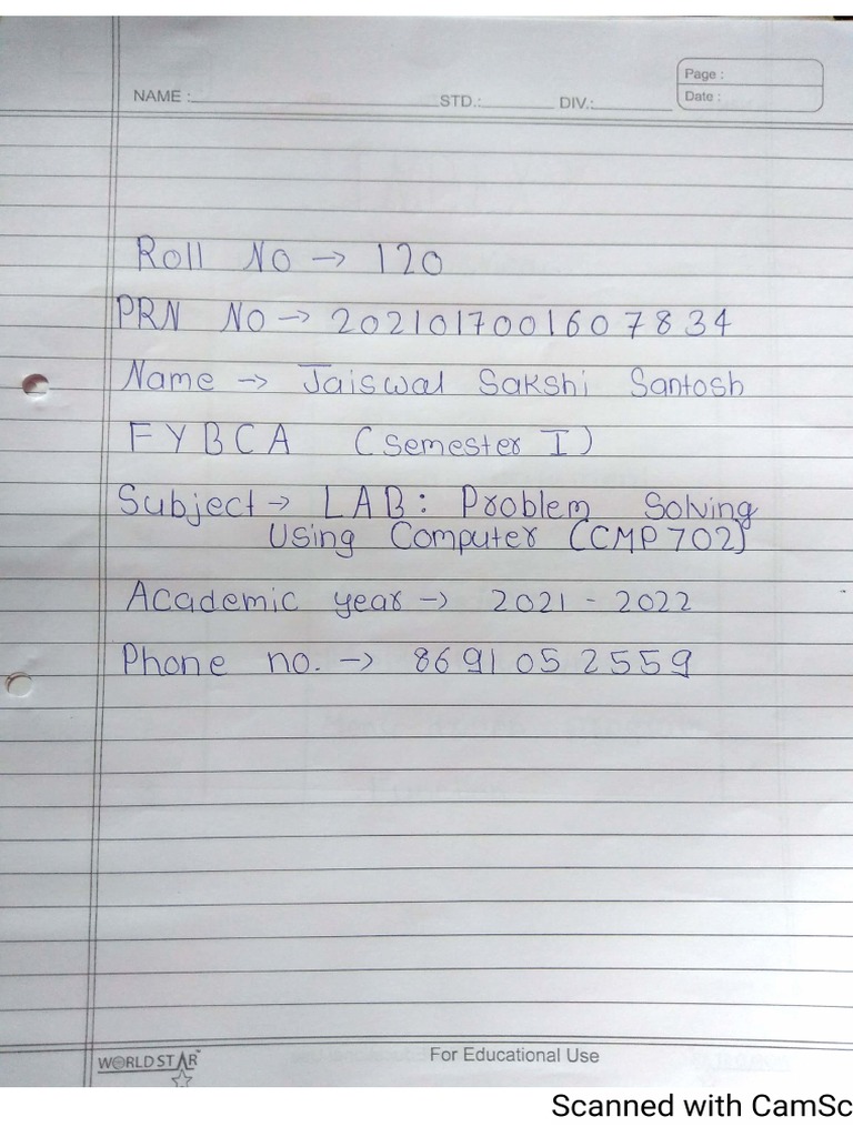 FYBCA-120-Jaiswal Sakshi - LAB-Problem Solving Using Computer (CMP702 ...