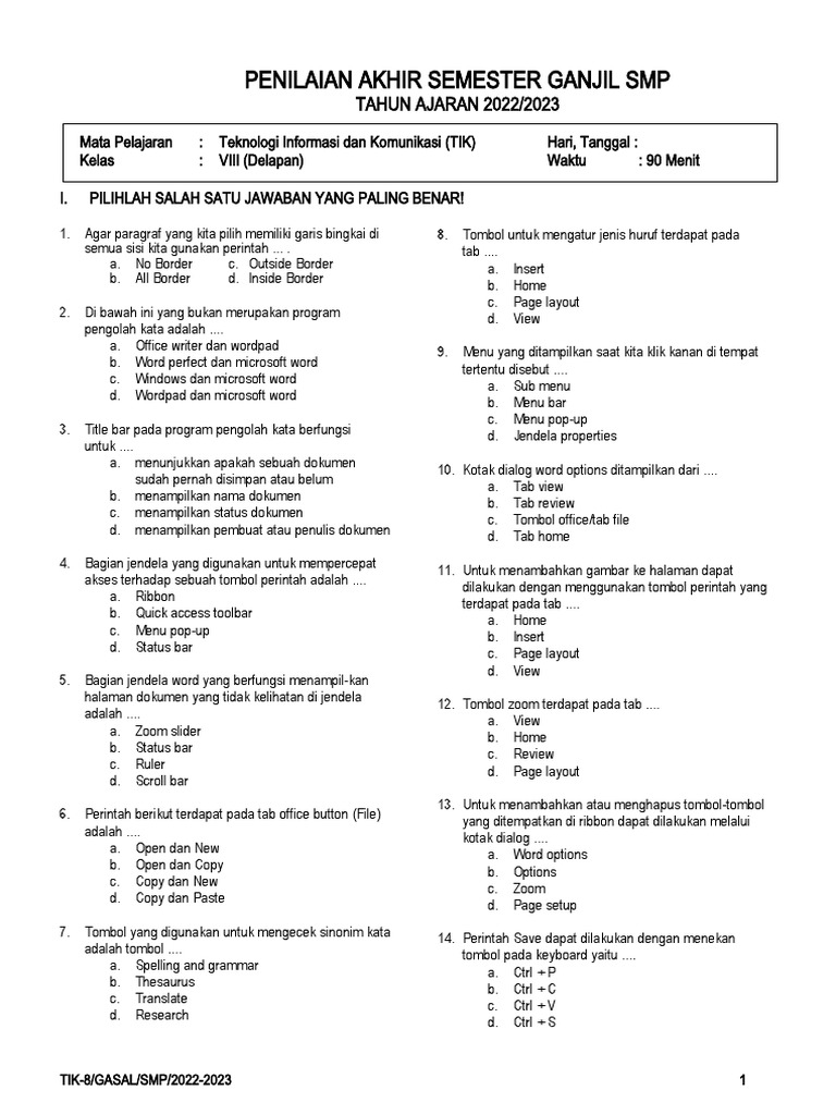 Soal Tik 8 Pas SMP 2022-2023 | PDF