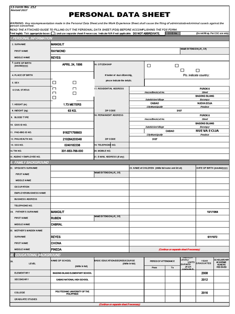 Personal Data Sheet CS Form 212 2017 | PDF | Passport | Government