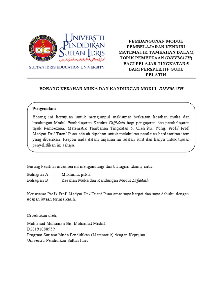Borang Kesahan Muka Dan Kandungan Modul Diffmath Oleh Guru Addmath | PDF