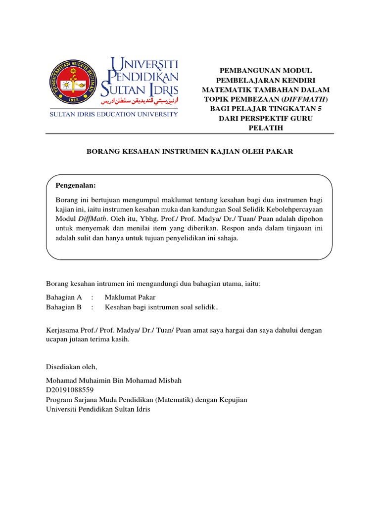 Borang Kesahan Instrumen Kajian Oleh Pakar | PDF