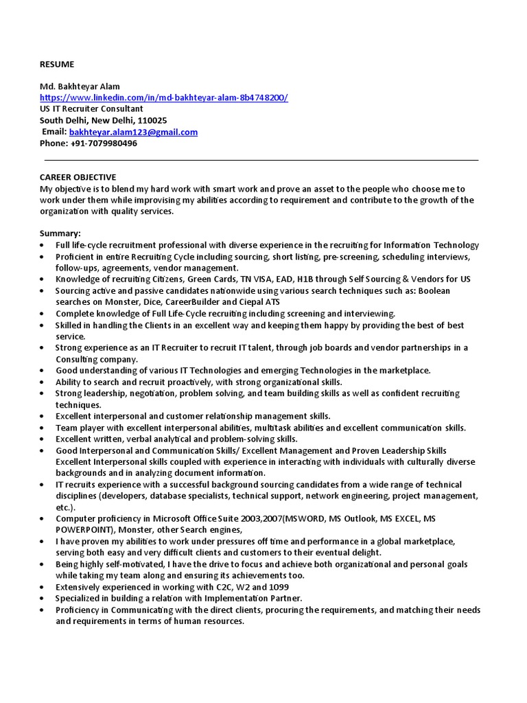 US IT Recruiter Resume Highlighting Experience Sourcing Candidates and ...