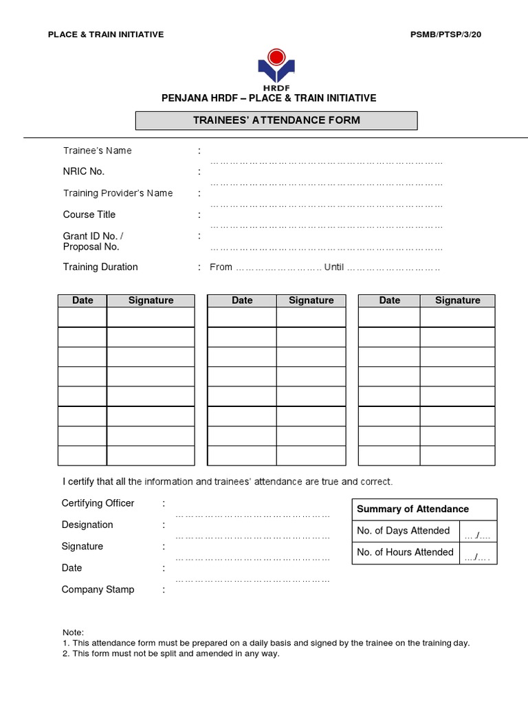 PSMB PTSP 3 20 Trainee Attendance Form | PDF