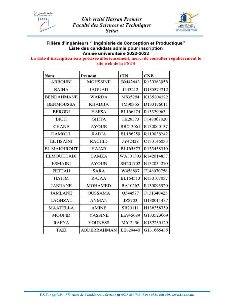 Liste des admis FSTS 2022-2023 | PDF