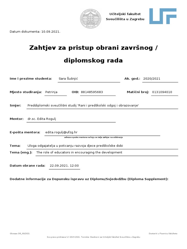 Zahtjev Za Pristup Obrani Završnog / Diplomskog Rada: Adresa E-Pošte Mentora Na Koju Se Šalje ...