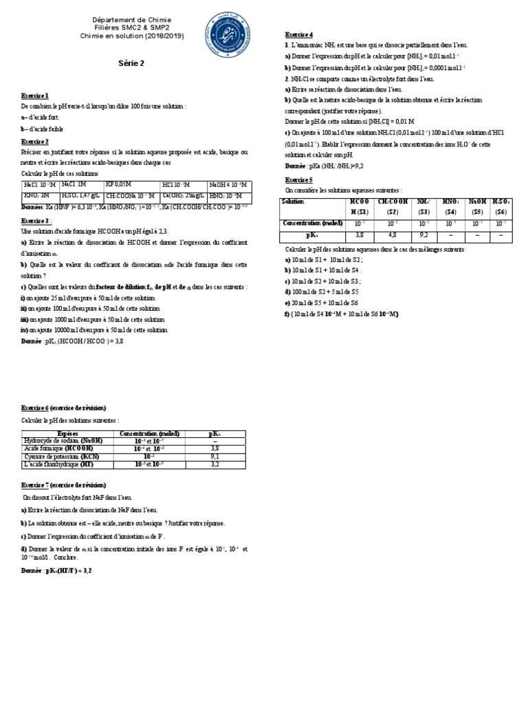 TD Serie 2 | PDF | Ph | Dissociation (chimie)