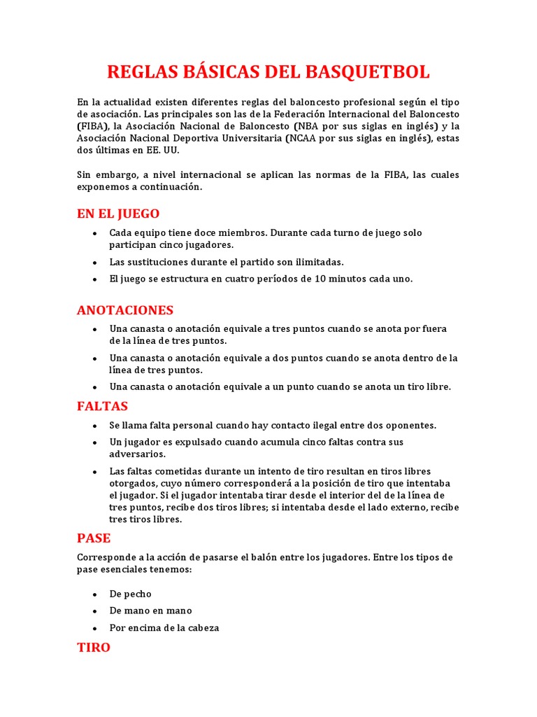 Reglas Básicas Del Basquetbol | PDF | Ocio | Juegos competitivos
