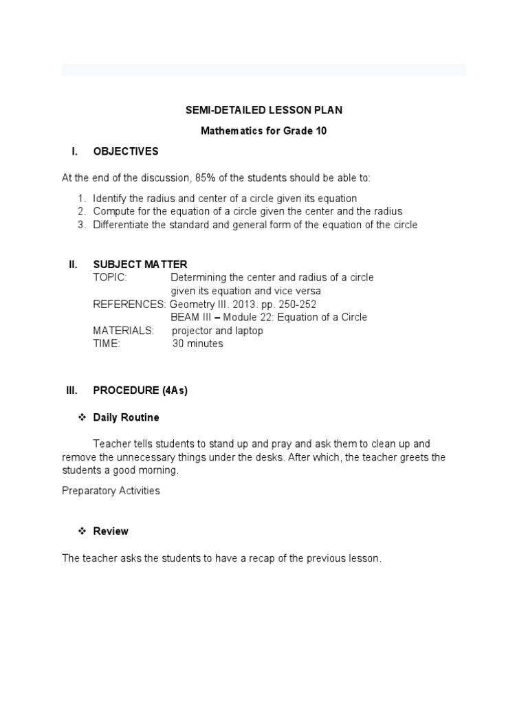 Semi-Detailed Lesson Plan | PDF | Circle | Equations
