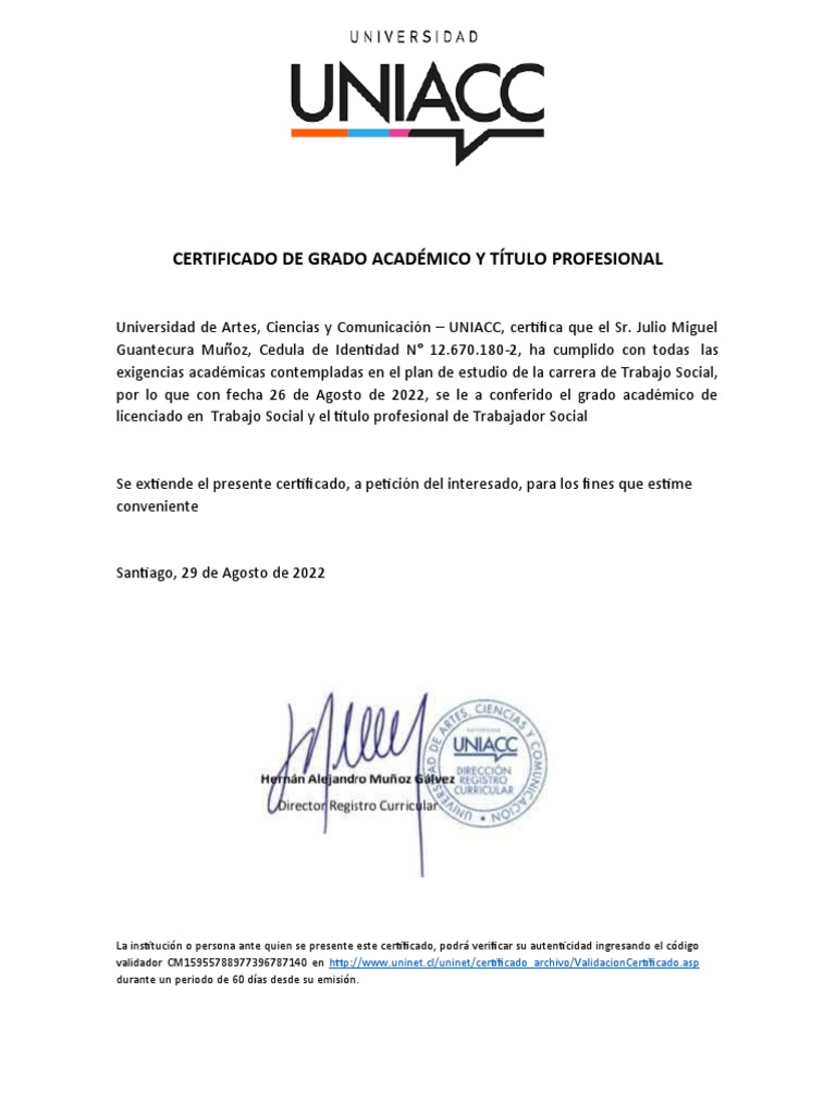 Certificado de Titulo UNIACC | PDF