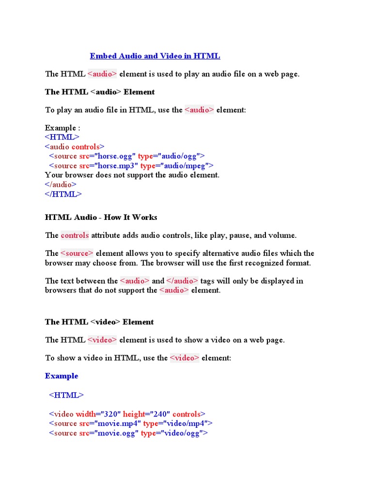 Embed Audio and Video in HTML Class 10 | PDF | Hyperlink | Html