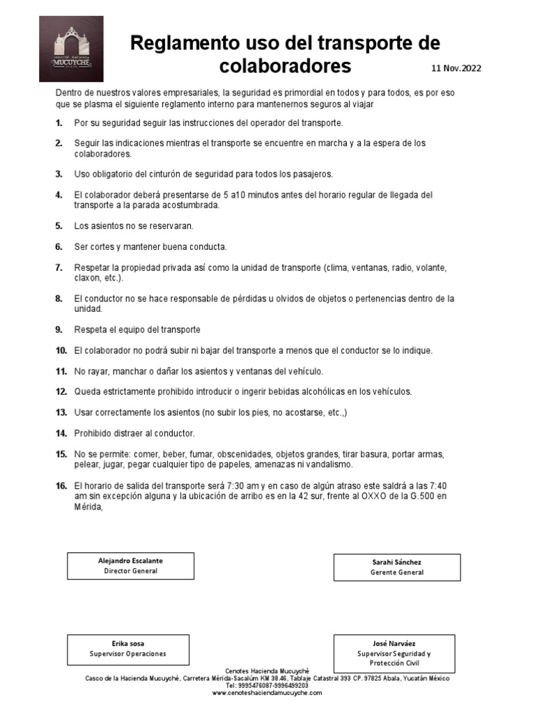 Reglamento Uso de Transporte de Personal | PDF | Transporte