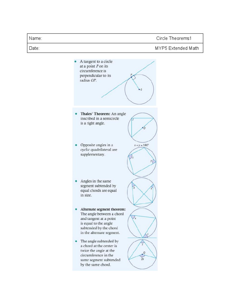 MYP5 - Practice Worksheet - Circle Theorems | PDF
