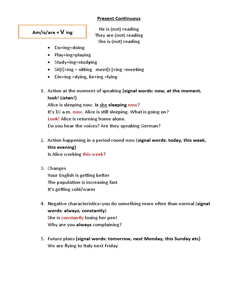Present Continuous (Rules+exercises) | PDF | Linguistics