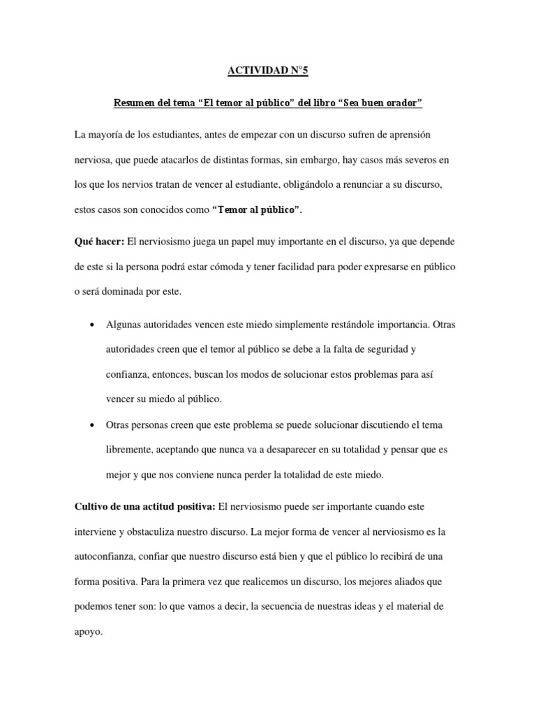 Resumen del tema "El temor al público" | PDF | Hablar en público | Temor