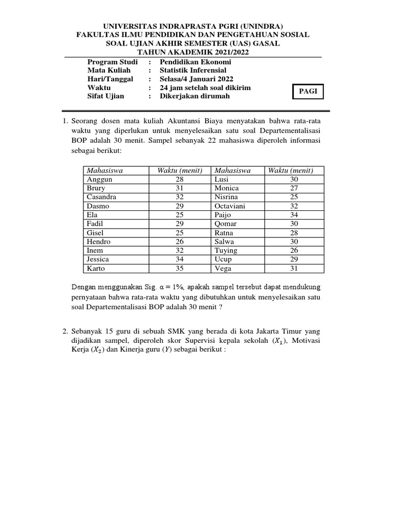 Jawaban UAS Statistik Inferensial REGULER | PDF