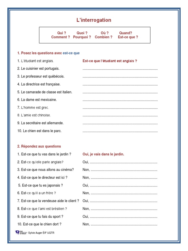 Exercices sur l'interrogation en français | PDF | Question | Théorie ...