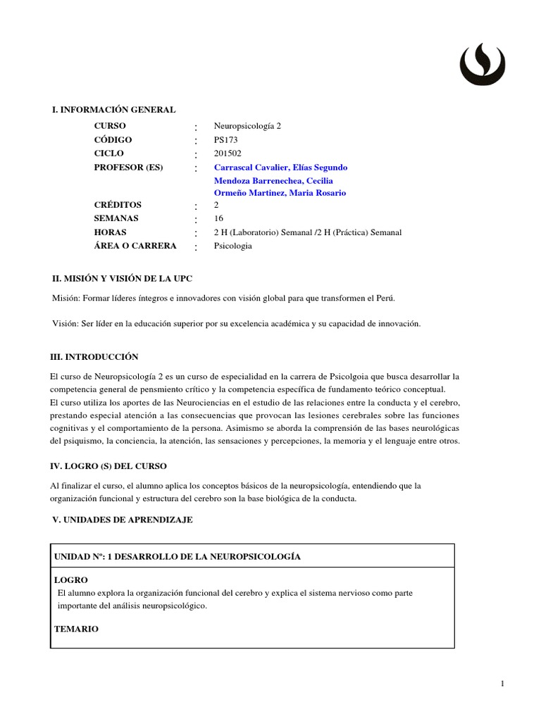 PS173 Neuropsicologia 2 201502 | PDF | Neuropsicología | Cerebro