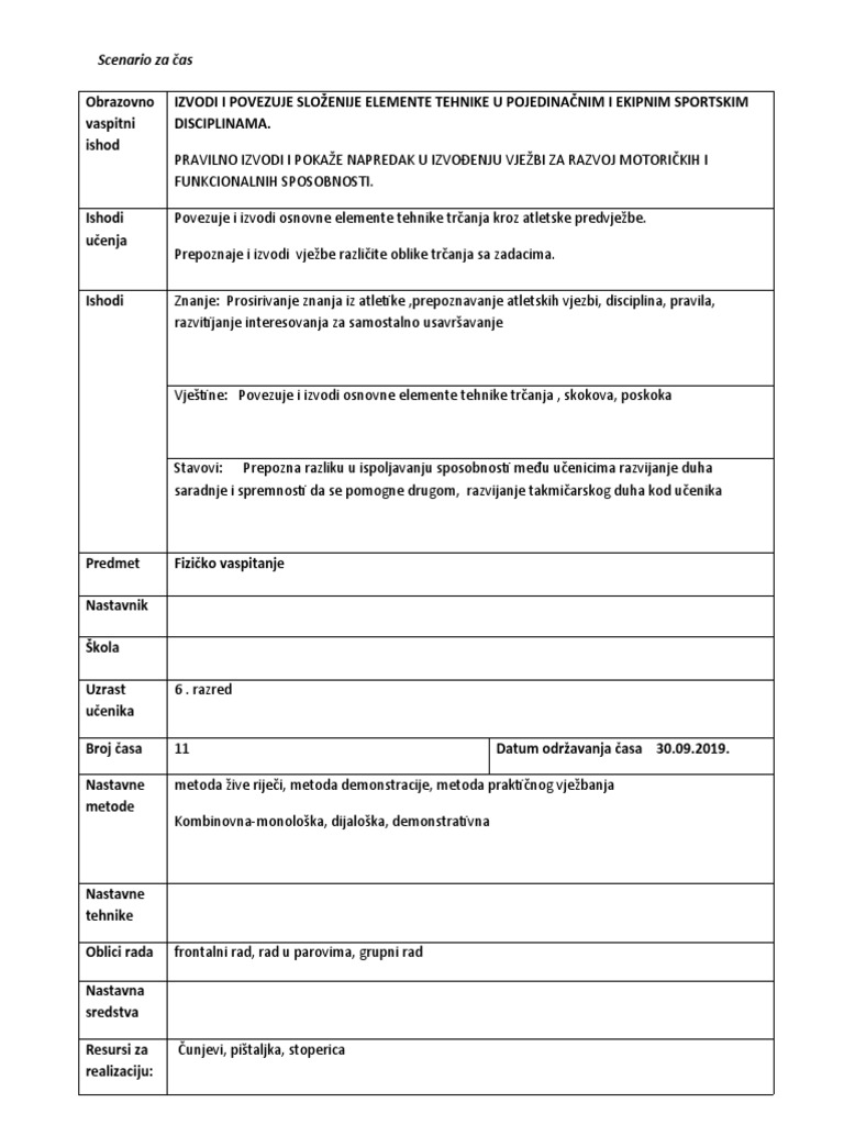 Scenario Za Ogledni Cas Okt - 2018. | PDF