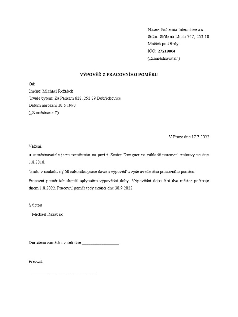 Vzor Vypovedi | PDF