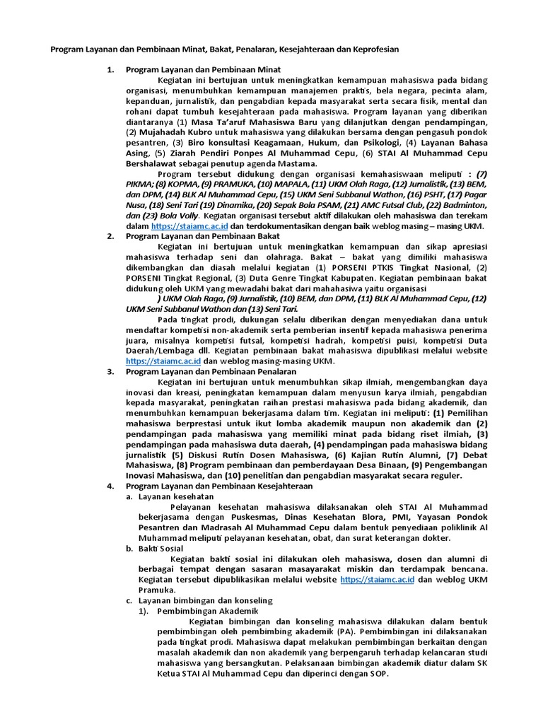 Program Layanan Dan Pembinaan Minat, Bakat, Penalaran, Kesejahteraan Dan Keprofesian | PDF