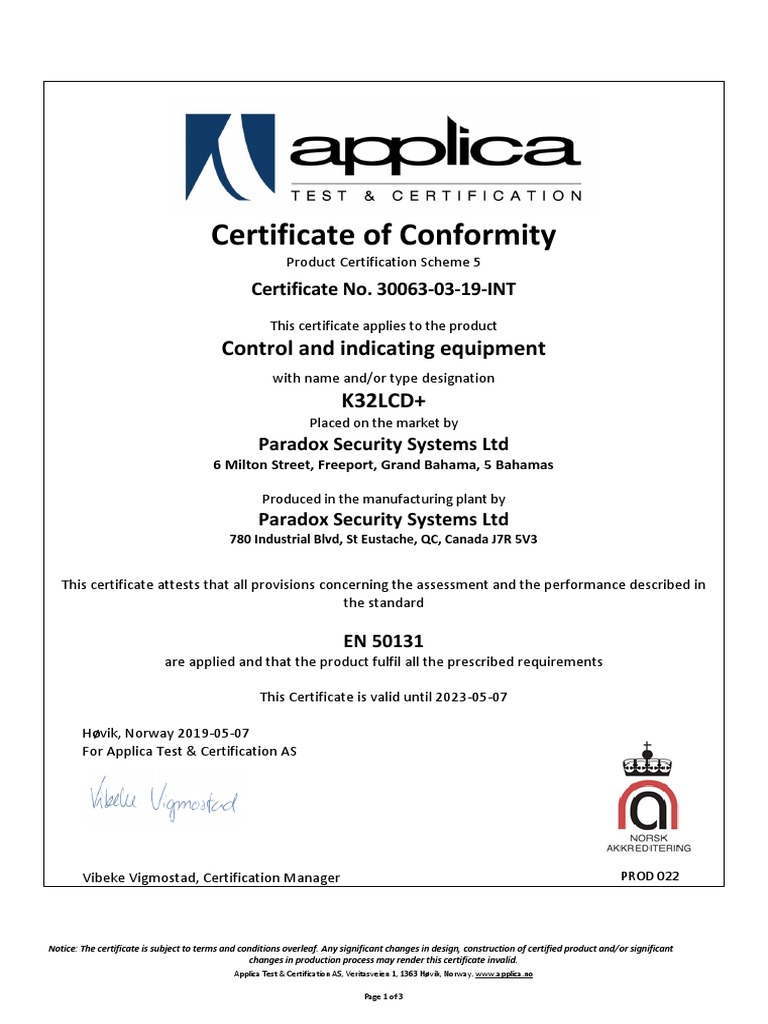 K32LCD+ EN Certificate 30063-03-19-INT | PDF | Business
