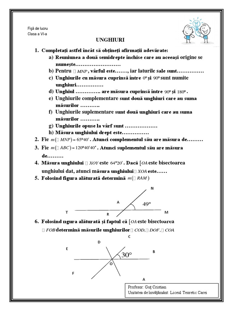 Unghiuri - Fisa de Lucru | PDF