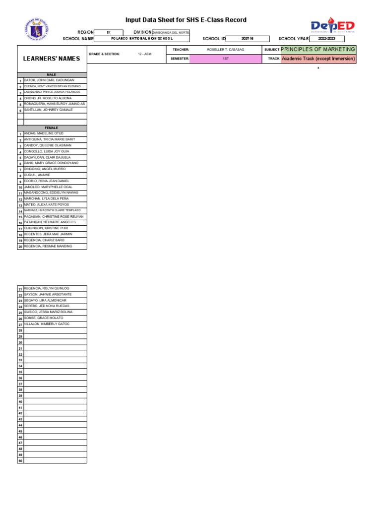 Shs e Class Record Blank Template | PDF